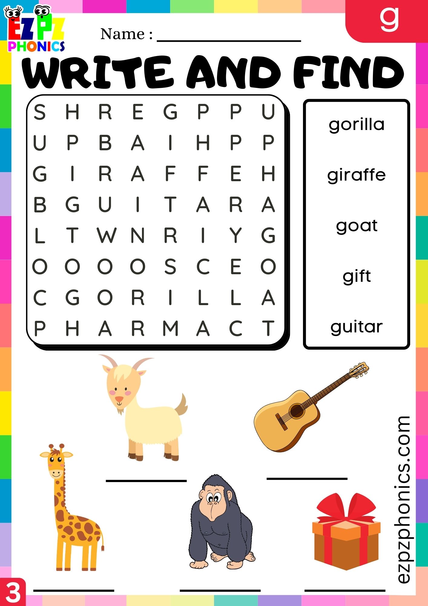 Letter g Word Search Write and Find the Words Phonics Activity Group 3 - ezpzphonics.com